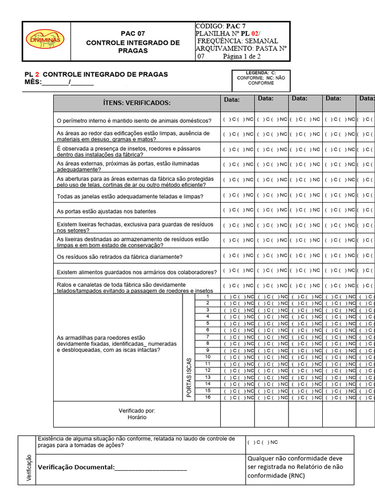 PL 02 Planilha Controle Integrado de Pragas | PDF