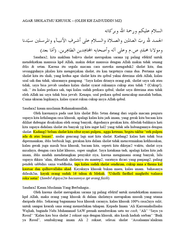 Khusuk dalam Sholat Menurut KH Zainuddin MZ | PDF