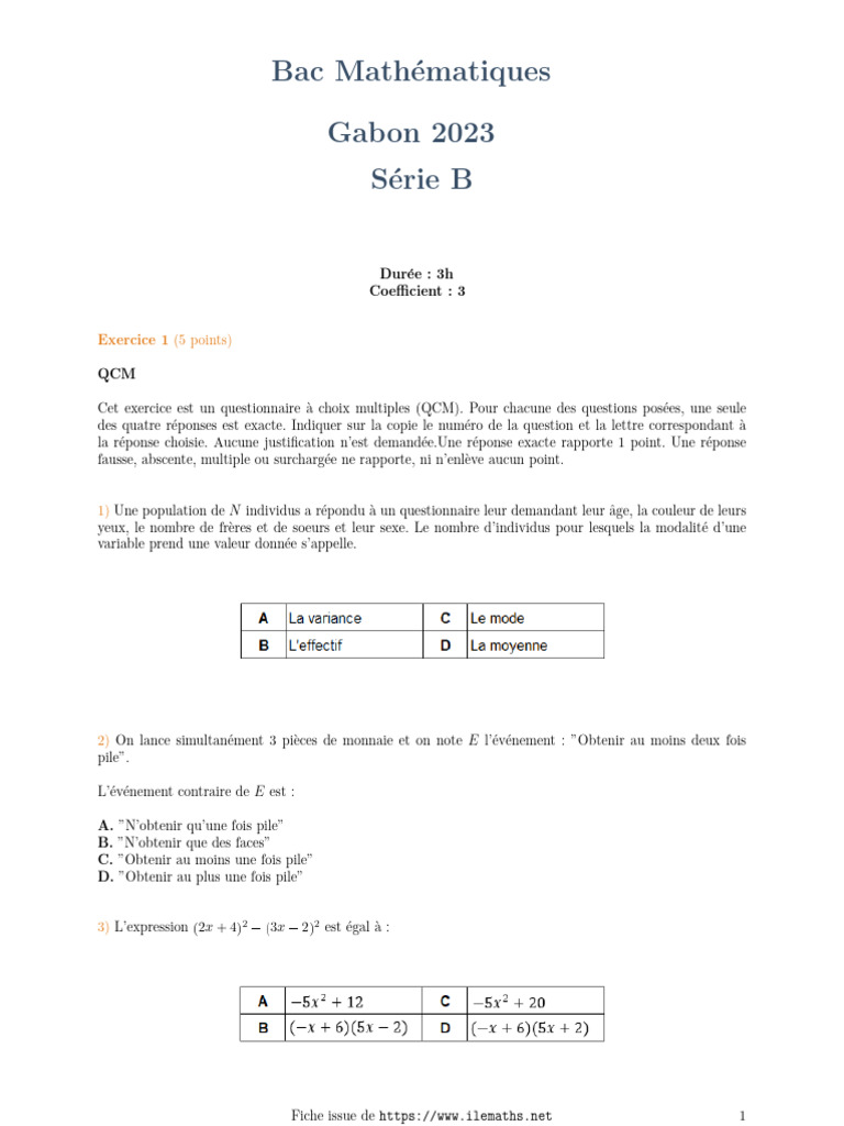 Sujet Bac Maths Gabon 2023 Série B | PDF | Mathématiques