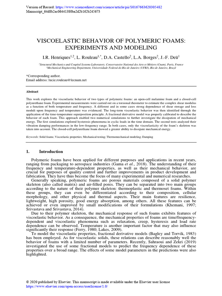 Viscoelastic Behavior of Polymeric Foams: Experiments and Modeling | PDF | Viscoelasticity | Foam