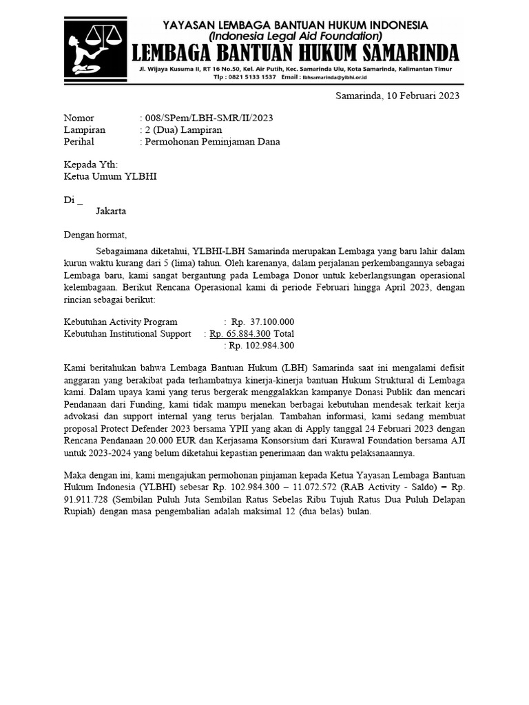 Permohonan Dana LBH Samarinda | PDF