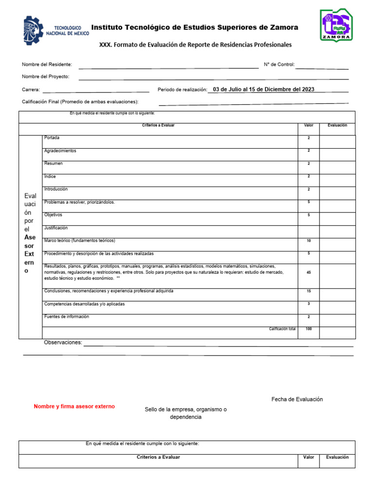 06 Anexo XXX Formato de Evaluacion de Reporte Final | PDF | Evaluación | Economias