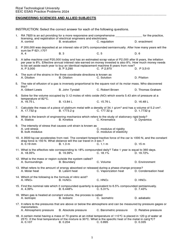 (Part1) EEIC PRACTICE PROBLEMS 2024 - ESAS | PDF | Pressure | Heat
