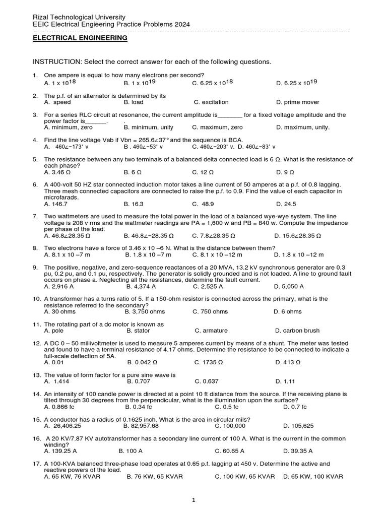 (Part1) EEIC PRACTICE PROBLEMS 2024 - EE | PDF | Capacitor | Electric Motor