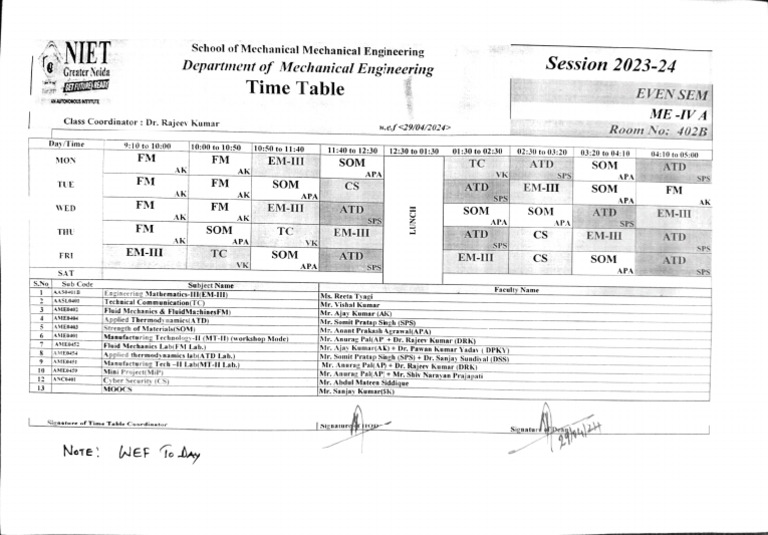 Mechanical Engineering Class Schedule | PDF | Engineering | Applied And Interdisciplinary Physics