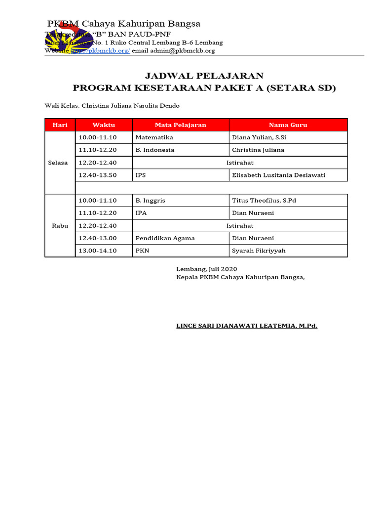 Jadwal Pelajaran PKBM CKB Sem 1 2019 - 2020 | PDF | Agama & Spiritualitas