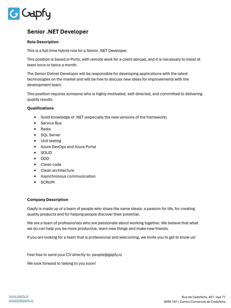 Gapfy - .NET Developer - Portugal | PDF | Career & Growth | Art