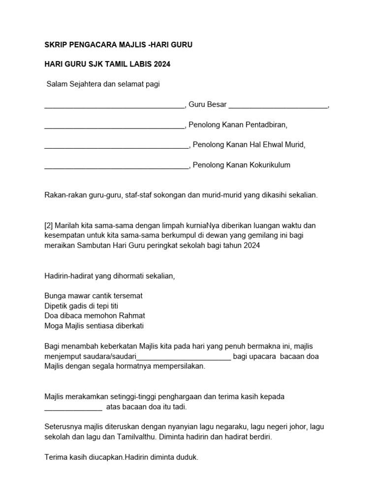 Skrip Pengacara Majlis Hari Guru | PDF