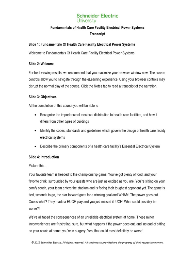 TRANSCRIPT Fundamentals of Health Care Facility Electrical Power ...