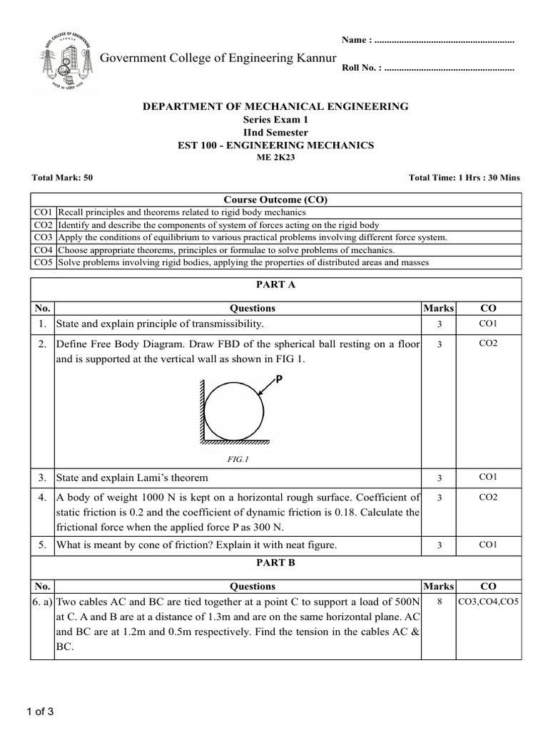 EST 100 Engineering Mechanics Exam | PDF | Force | Friction