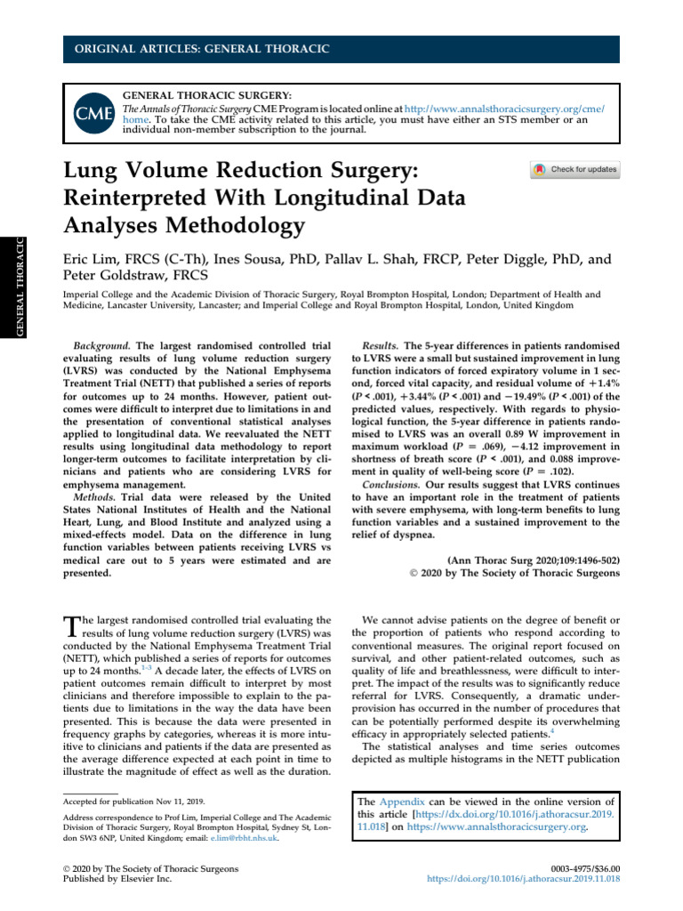 Lung Volume Reduction Surgery Reinterpreted With Lon - 2020 - The ...