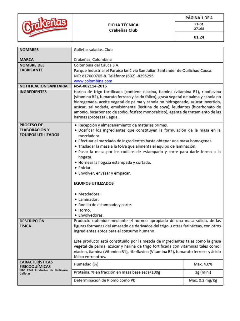 Ficha Técnica Galletas Crakeñas Club | PDF | Galleta | Trigo