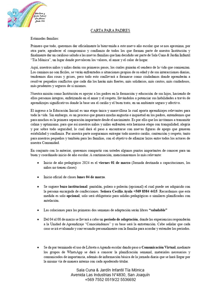 Carta A Los Padres 2024 | PDF | Educación de la primera infancia