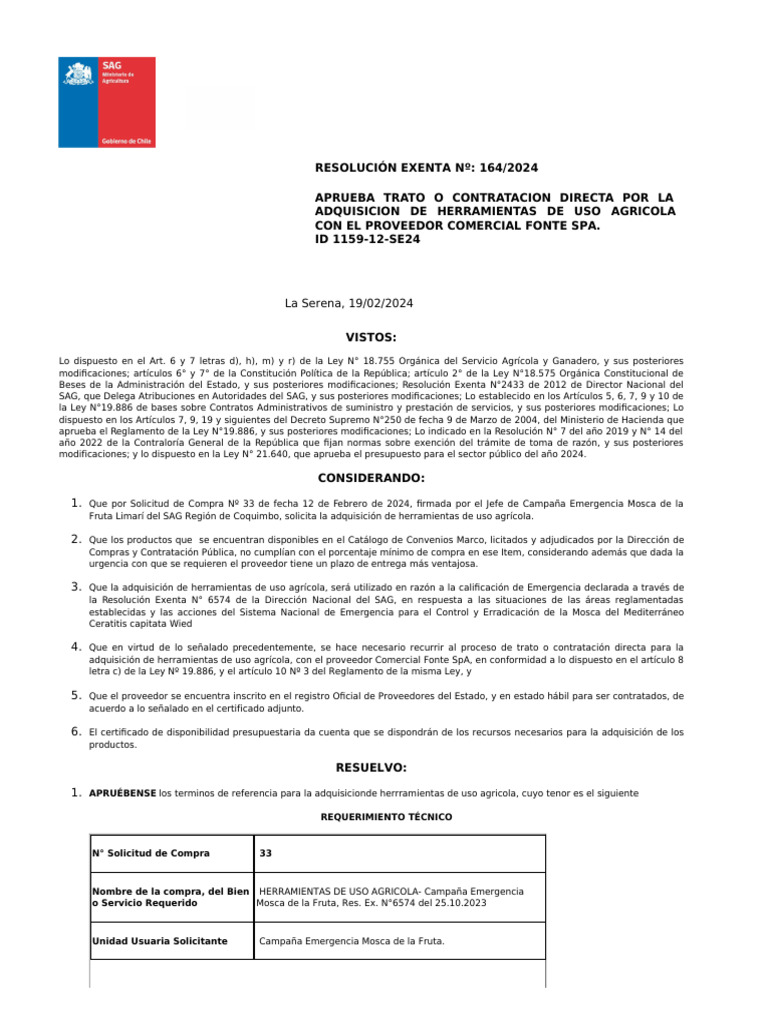 8d2 Res. N 164 Aprueba Trato Directo Fonte Spa | PDF | Derecho laboral | Outsourcing