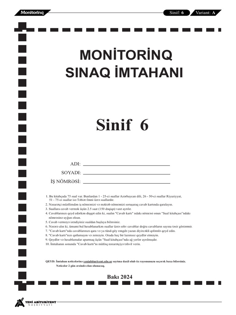 Yeni Abituriyent Nəşriyyatı Monitorinq 6-Cı Sinif | PDF
