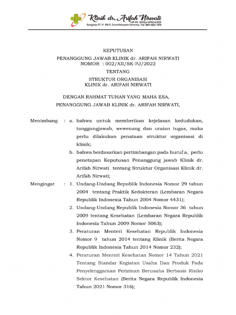 SK Struktur, Uraian Tugas, Tanggung Jawab Dan Wewenang Klinik Dr. Arifah Nirwati | PDF