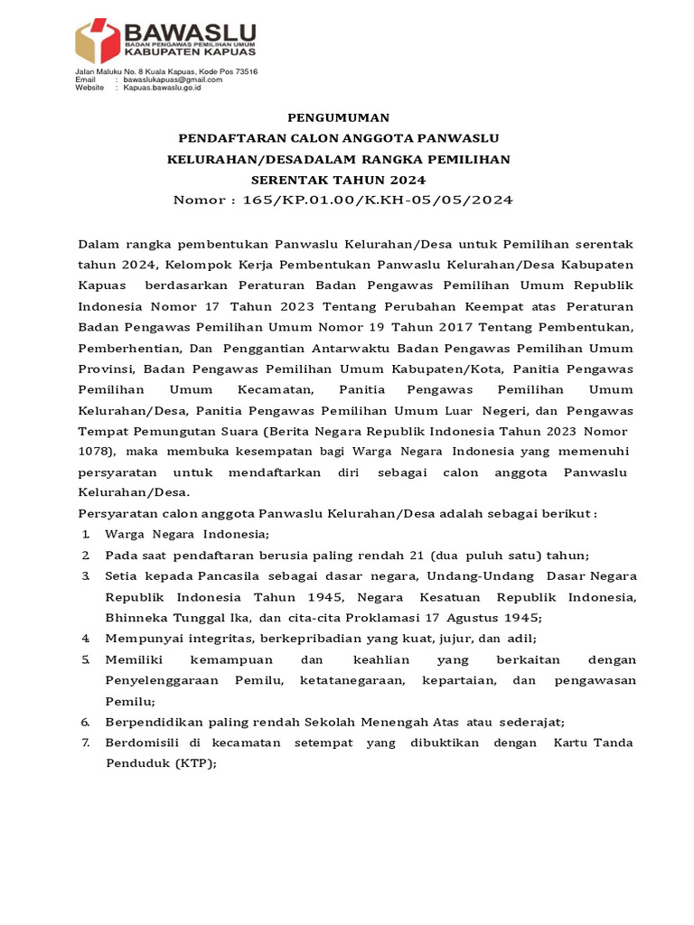 165.KP Pengumuman Pembentukan PKD Pemilihan Tahun 2024 | PDF | Ilmu Sosial | Hukum