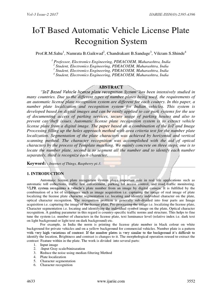 IoT Based Automatic Vehicle License Plate Recognition System Ijariie4633 | PDF | Internet Of ...