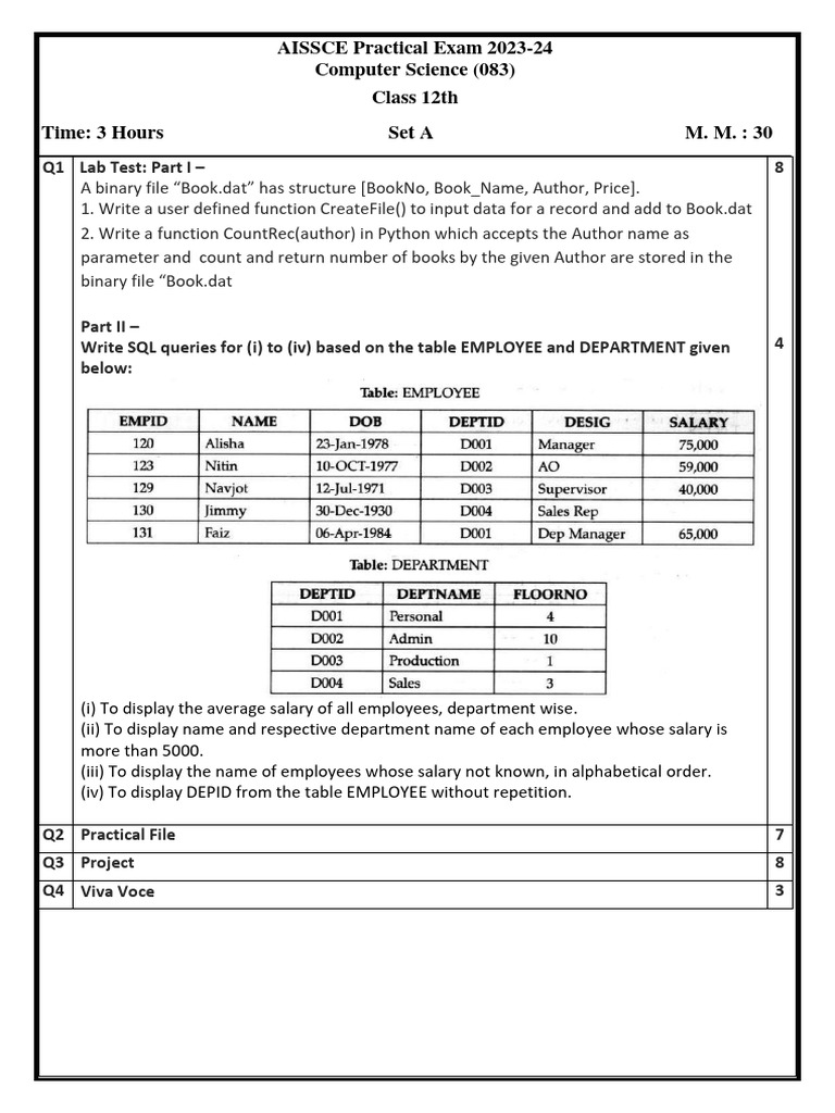AISSCE Practical Exam 2023-24 Computer Science (083) Class 12th Time: 3 Hours Set A M. M.: 30 ...