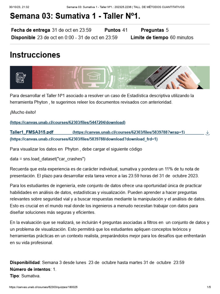 Semana 03 - Sumativa 1 - Taller Nº1. - 202325.2236 - Tall. de Métodos Cuantitativos | PDF ...