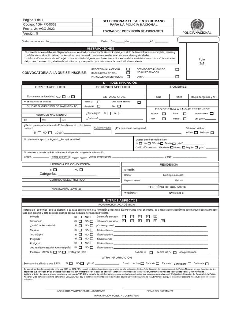 1DH-FR-0062 Formato de Inscripción de Aspirantes | PDF | Policía ...