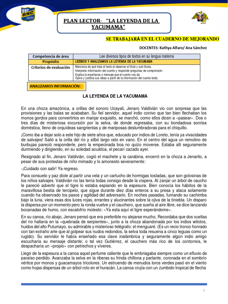 Ficha Plan Lector - La Yacumama | PDF | Libros para adolescentes