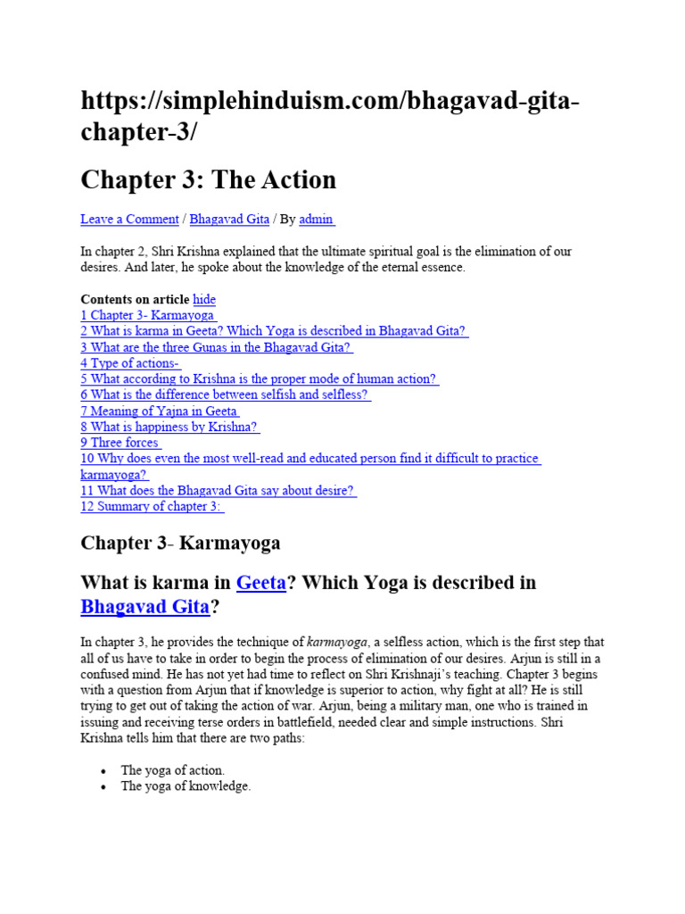 BG Chapter 3 Summary | PDF | Bhagavad Gita | Indian Philosophy