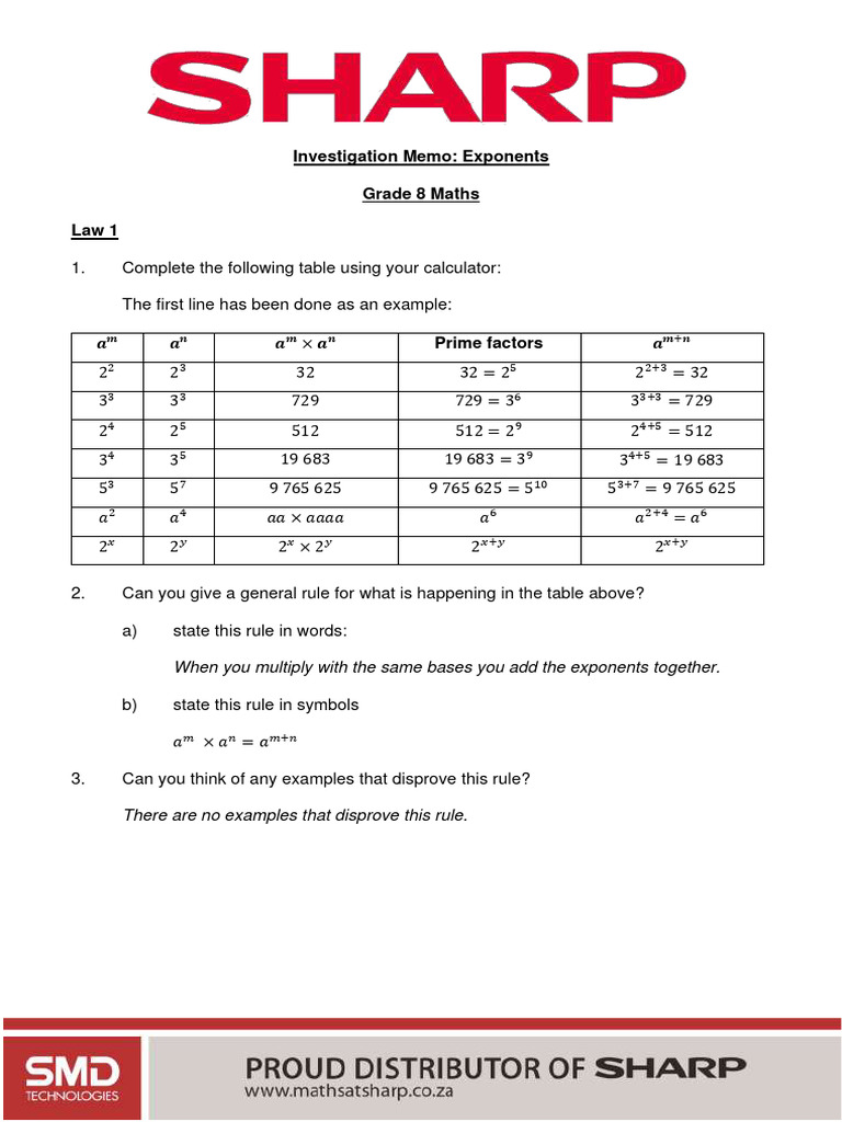 Grade 8 Exponents Investigation Memo | PDF | Exponentiation | Division ...