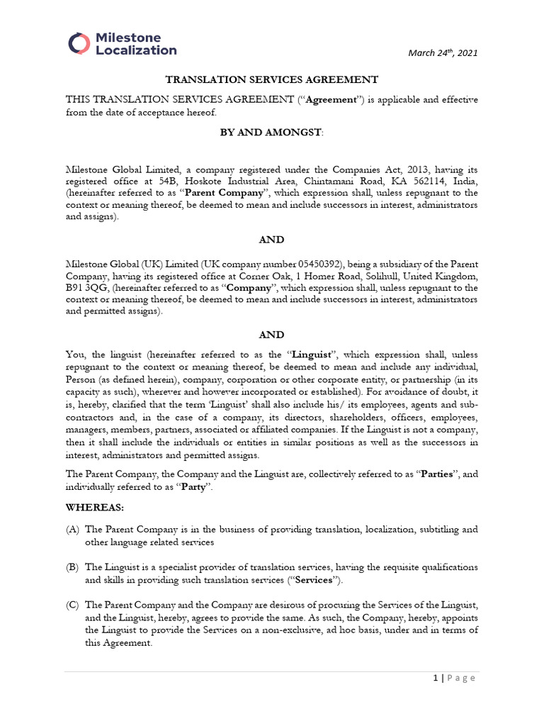 Translation Services Agreement 240321 | PDF | Legal Remedy | Indemnity