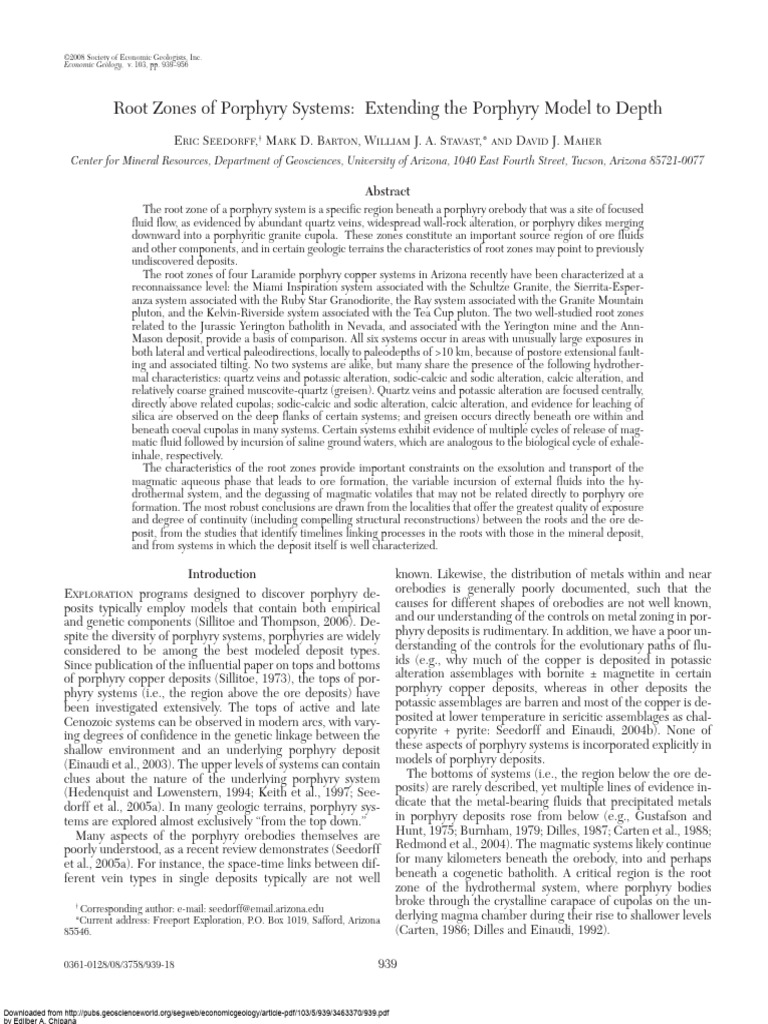 Root Zones of Porphyry Systems: Extending The Porphyry Model To Depth | PDF | Granite | Ore
