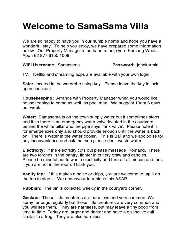 SamaSama Villa Guest Information Guide | PDF | Beach
