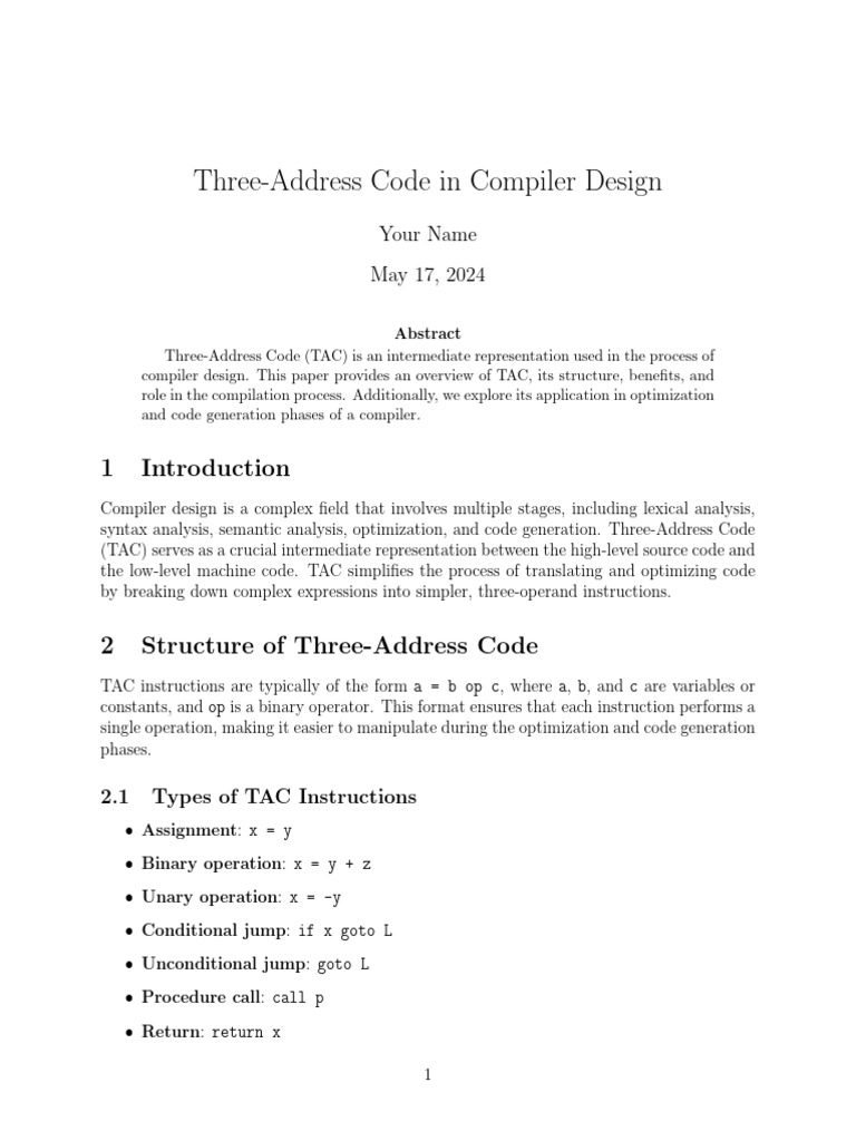 Three-Address Code in Compiler Design: Your Name May 17, 2024 | PDF | Compiler | Program ...