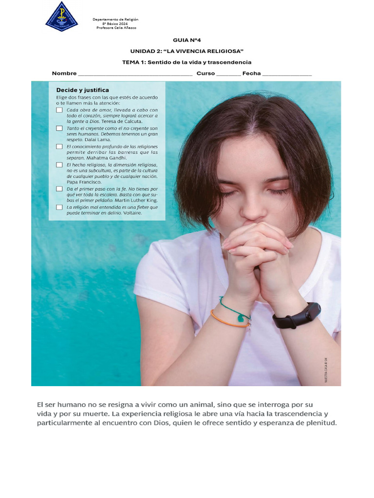 8° Basico Guia N°4 Sentido de La Vida y La Trascendencia | PDF | Significado de la vida | Vida
