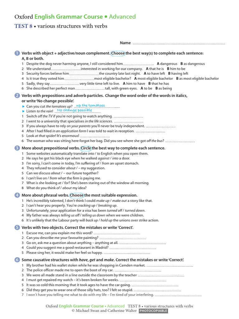 Advanced Test 08 Various Structures With Verbs | PDF | Verb ...