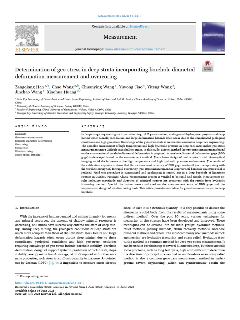 Determination of Geo-Stress in Deep Strata Incorporating Borehole ...