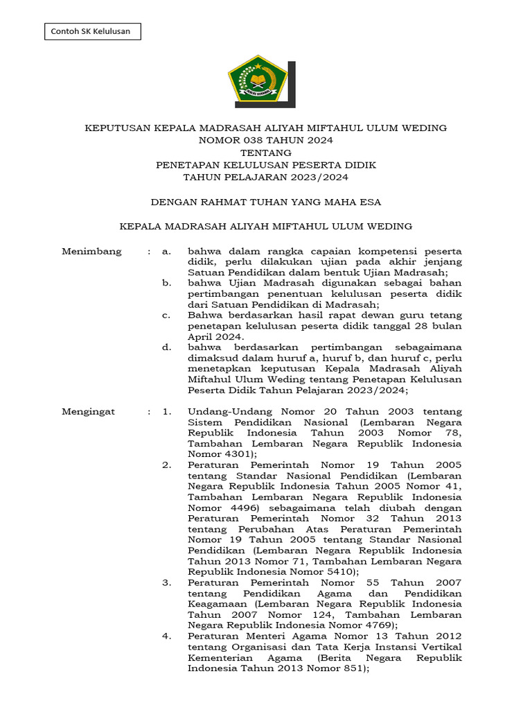 SK Kelulusan Siswa MA 2023/2024 | PDF