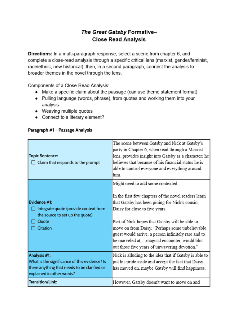 The Great Gatsby Formative-: Close Read Analysis | PDF | The Great ...