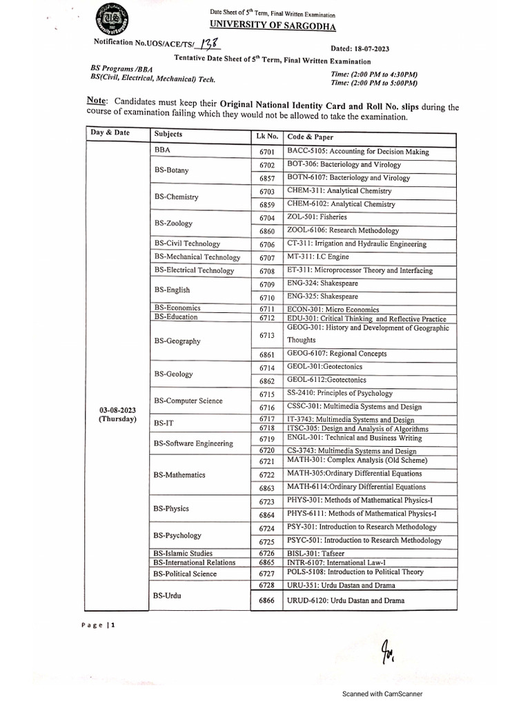 Tentative Date Sheet 5th Term 2023 - 1690173887 | PDF