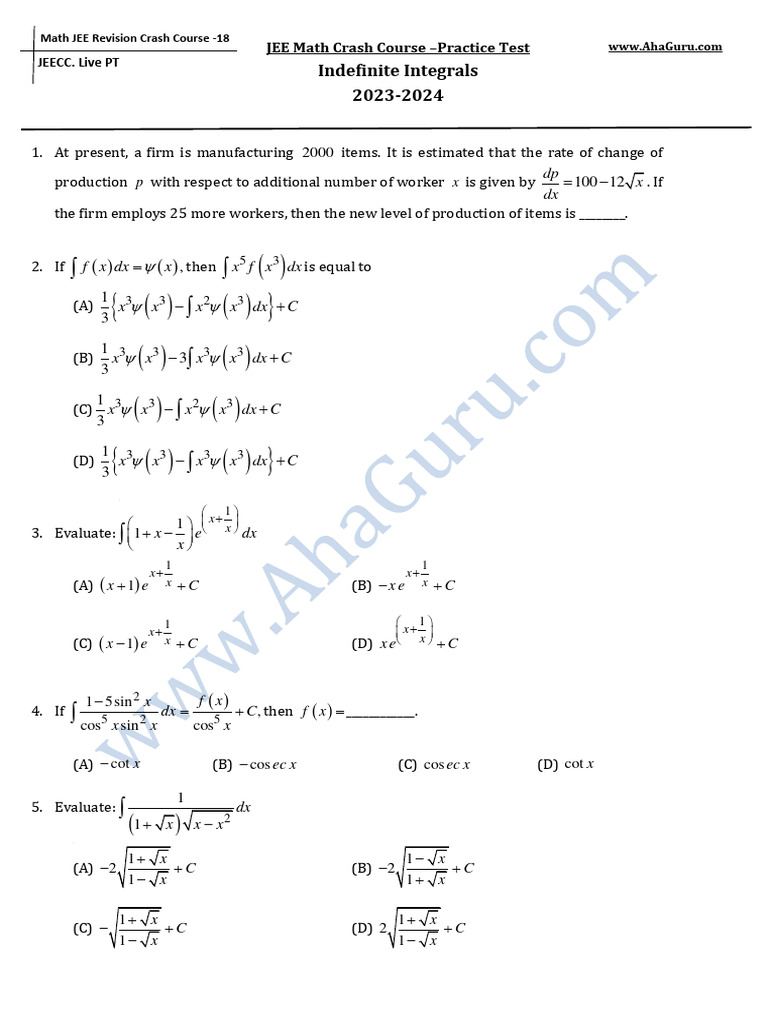JEE CC - WK18PT 2023 Indefinite Integrals Questions | PDF