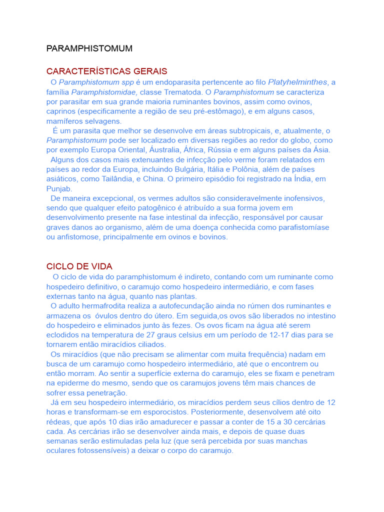 Ciclo e Morfologia do Paramphistomum | PDF | Parasitismo | Biologia