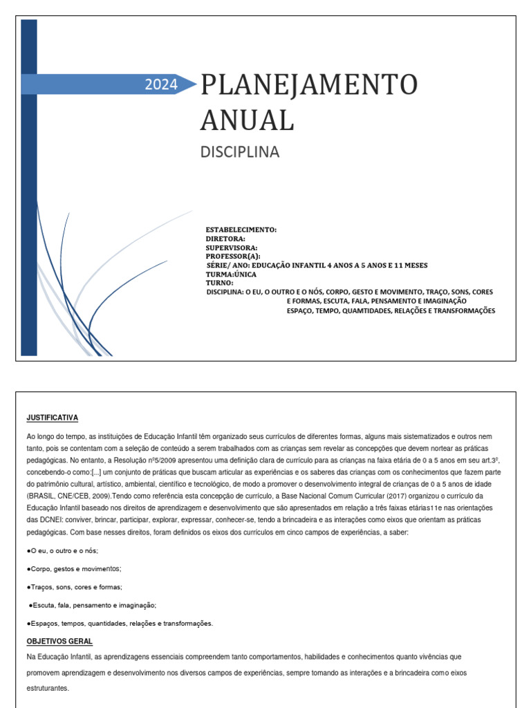 Planejamento Anual Educação Infantil 2024 | PDF | Pré-escola | Escrita