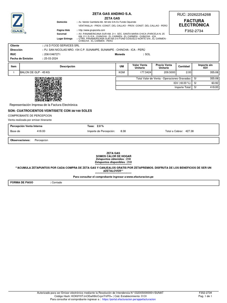 Factura Electrónica: Zeta Gas Andino S.A | PDF | Tecnología bancaria | Pagos