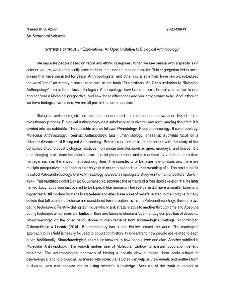 Anthro - Fourth Assignment (Synthesis-Critique) | PDF | Anthropology | Biological Anthropology