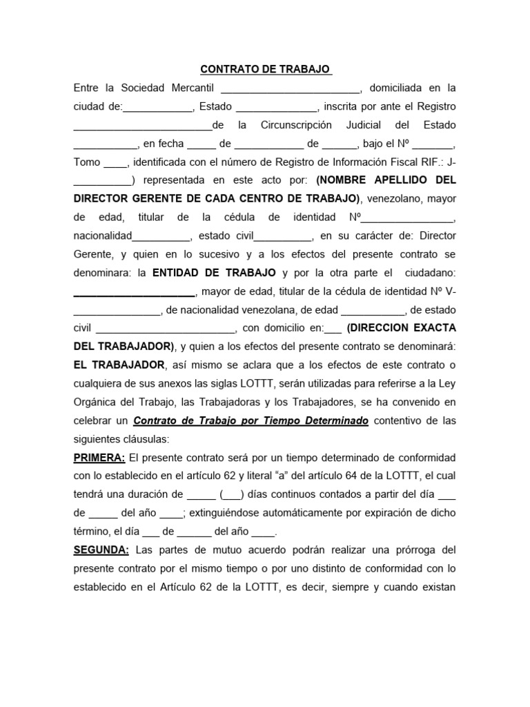 Contrato de Trabajo Por Tiempo Determinado Lottt (Modelo) | PDF