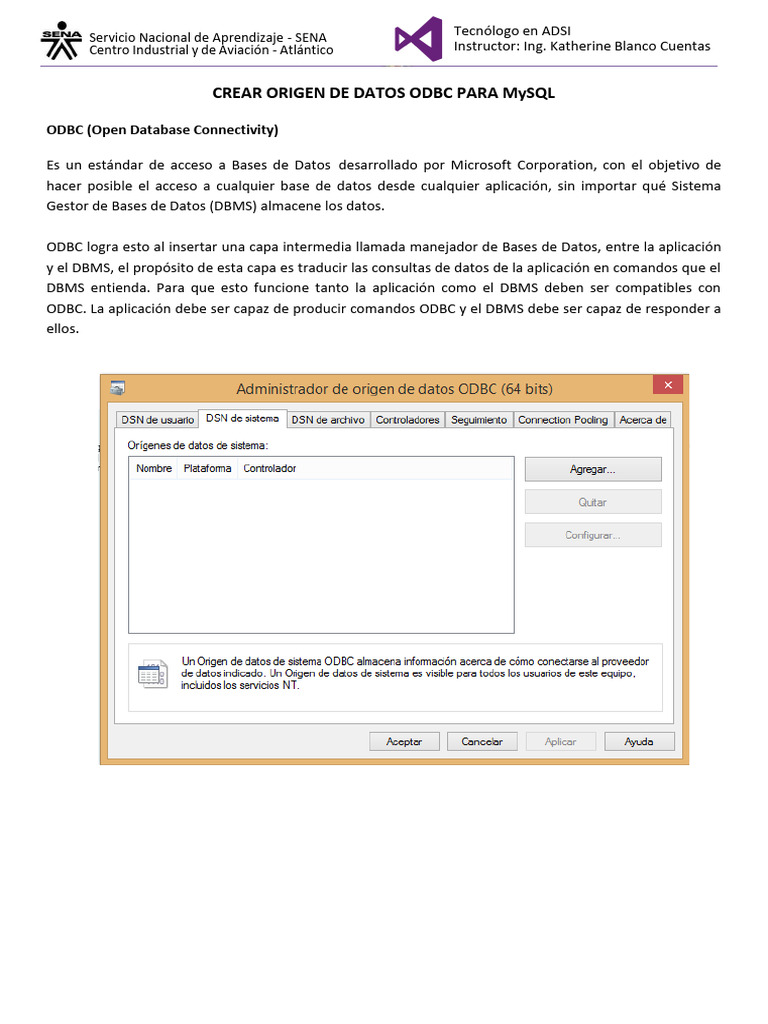 Guía ODBC para MySQL en SENA | PDF | Mi sql | Informática
