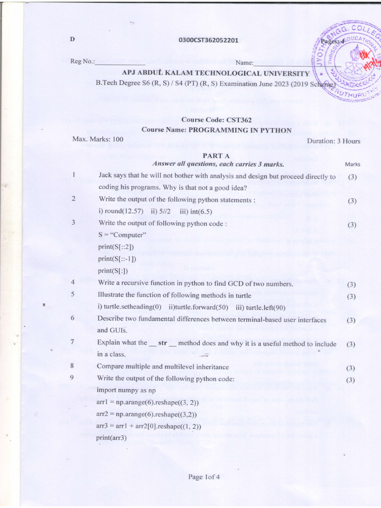 Cst362 Programming In Python June 2023 Pdf Python Programming Language Programming 