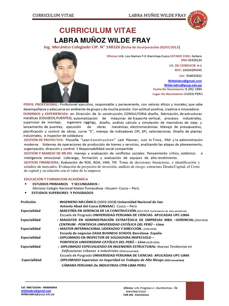 CV Wilde Labra Muñoz 30-03-2023.. | PDF | Perú | Ingeniería