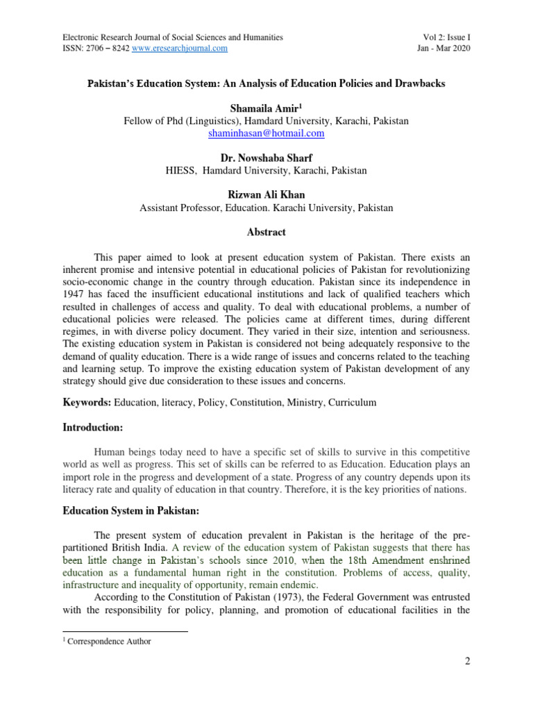 Pakistans Education System An Analysis O Pdf University