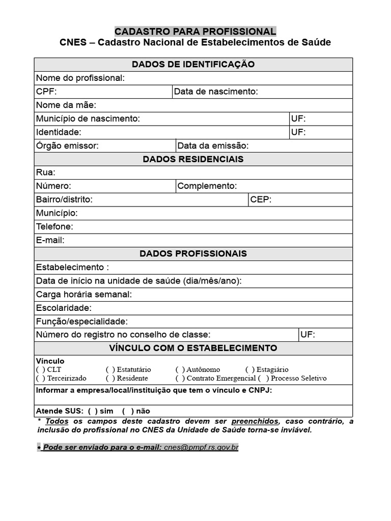 Formulario Profissionais CNES (Atual) | PDF