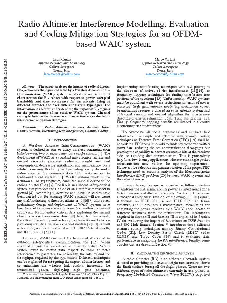 Radio Altimeter Interference Modelling Evaluation and Coding Mitigation Strategies For An OFDM ...